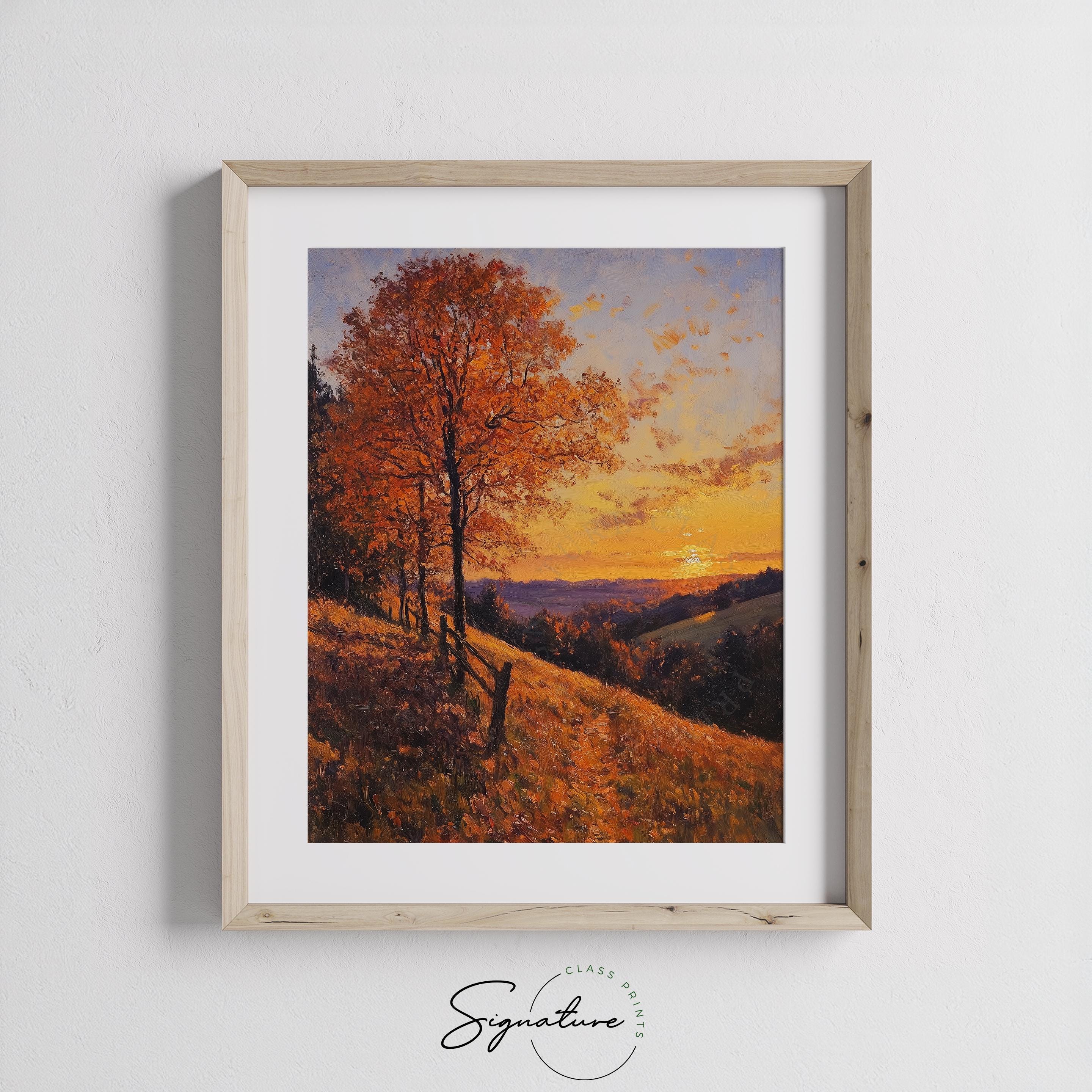Printable Sunset on Autumn Hillside - Rustic Fall Landscape Art, Earthy ...