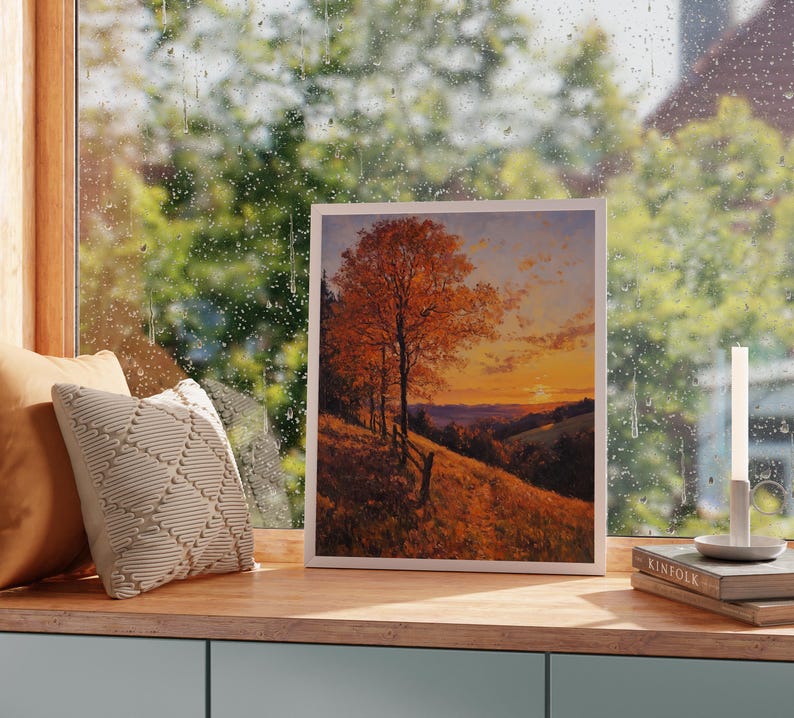 Printable Sunset on Autumn Hillside - Rustic Fall Landscape Art, Earthy ...
