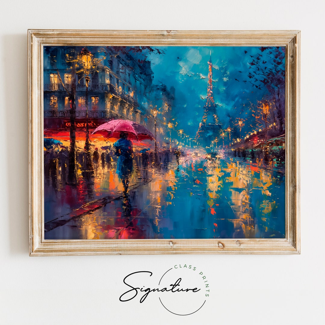 Printable Rainy Paris Street Painting Nighttime Cityscape Art, Vibrant ...