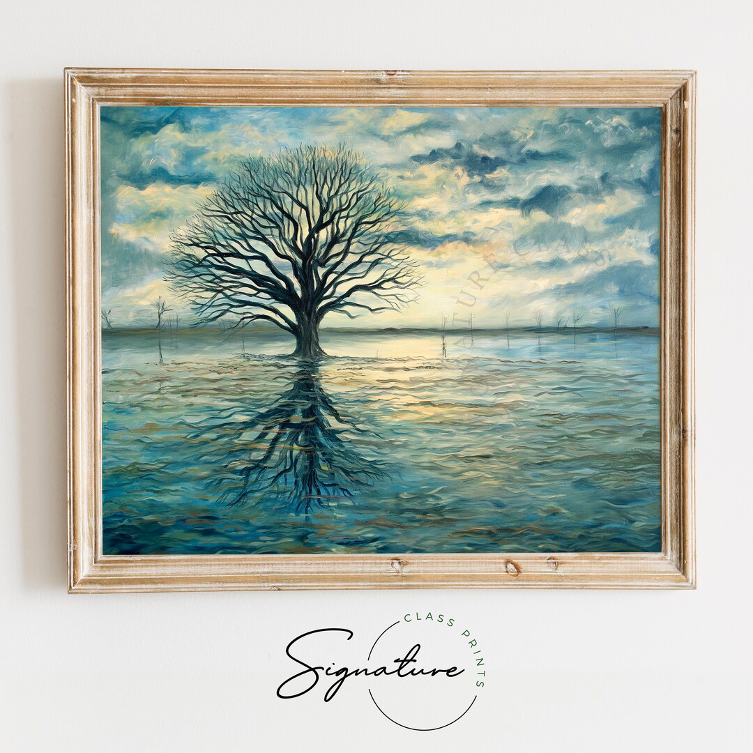 Printable Elm Tree in Flooded Field Painting Peaceful Nature Scene ...