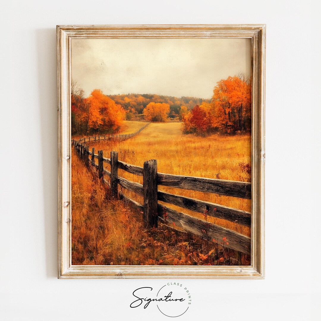 Earthy Fall Landscape With Fence and Trees, Rustic Autumn Scene, Warm ...