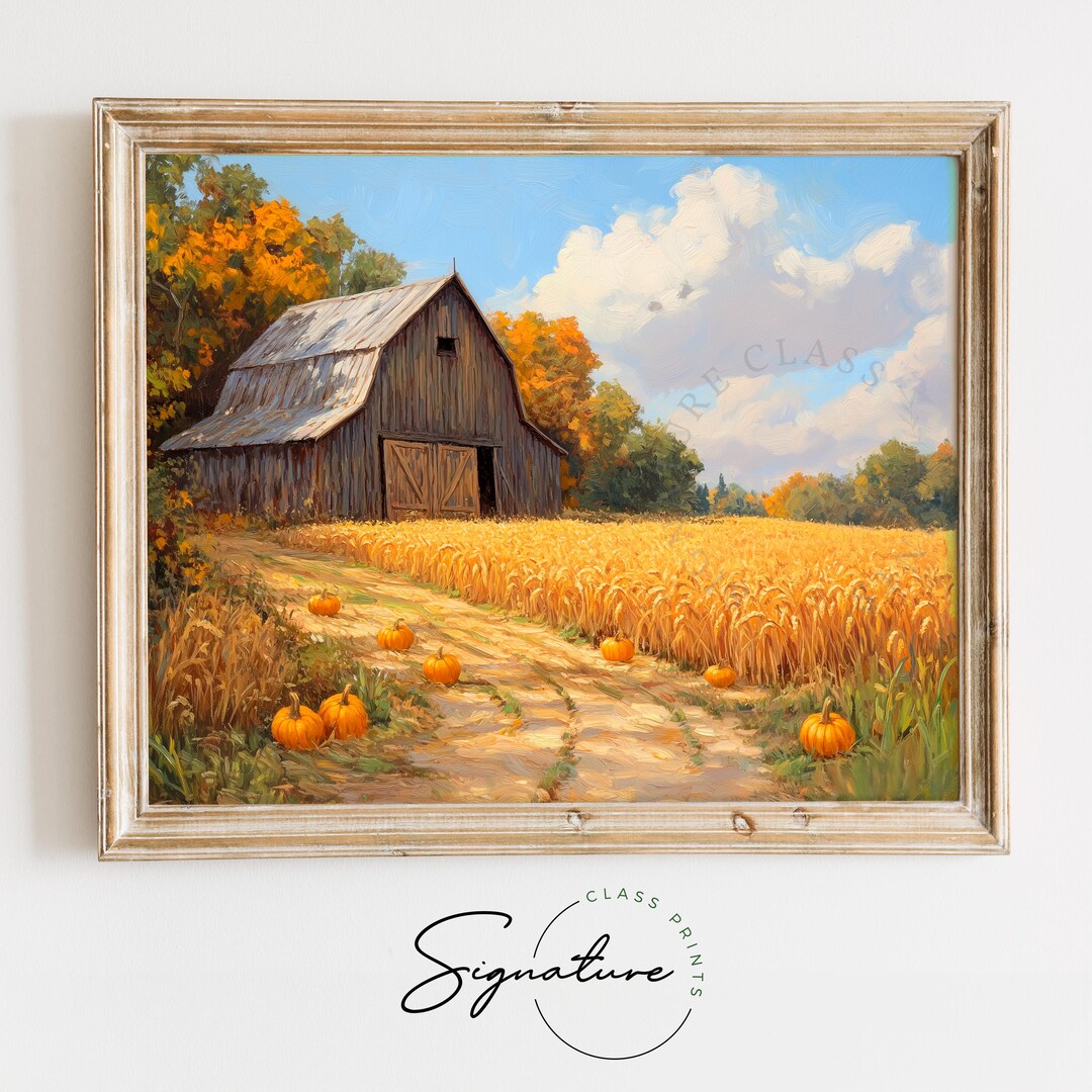 Rustic Barn Amid Autumn Fields Painting, Cozy Fall Farmhouse Decor ...