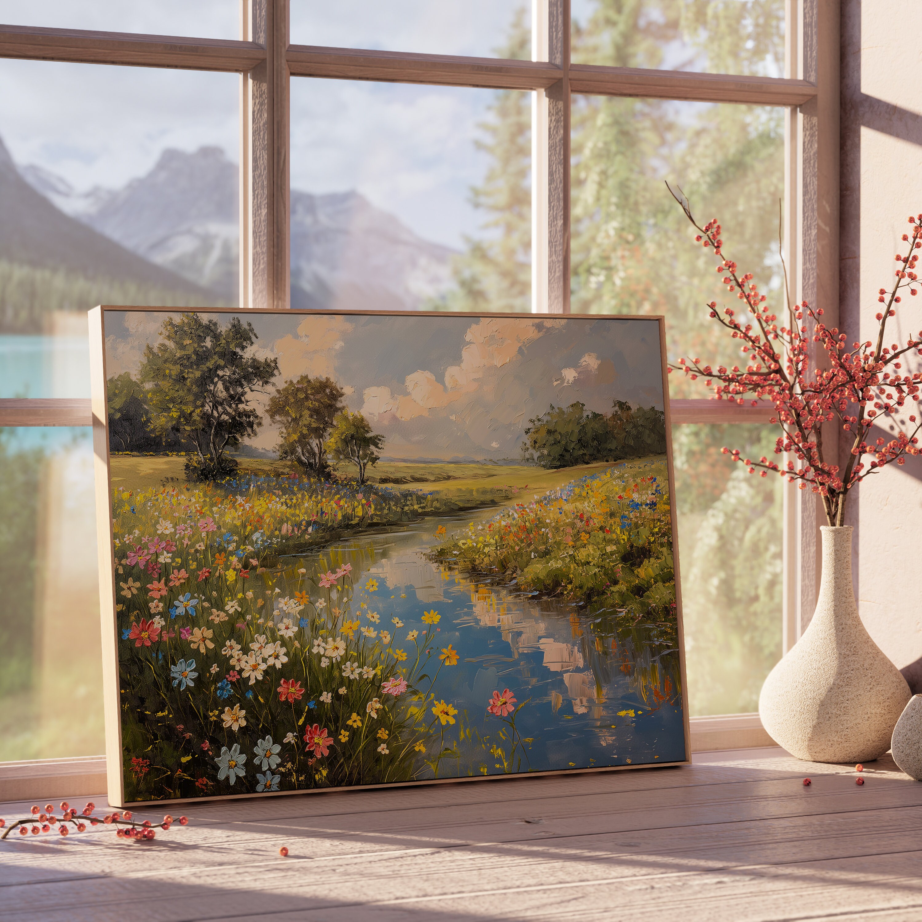 Printable Tranquil Wildflower Stream Scenic Flower Meadow Art, Summer ...