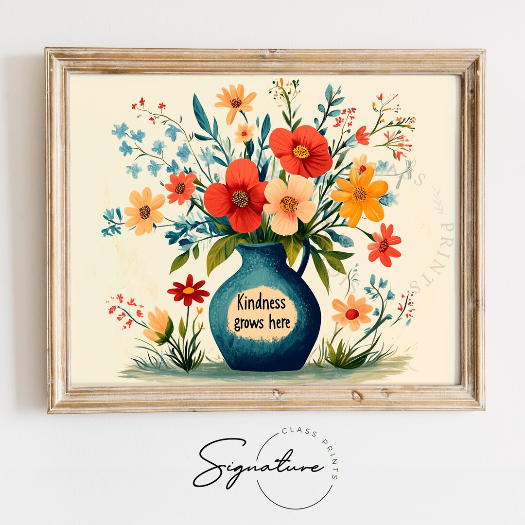 Kindness Grows Here Floral Bouquet Printable, Retro Vase Wall Art ...