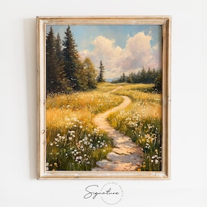 Old Farm Path With Wildflowers and Hills - Rustic Pastoral Spring ...