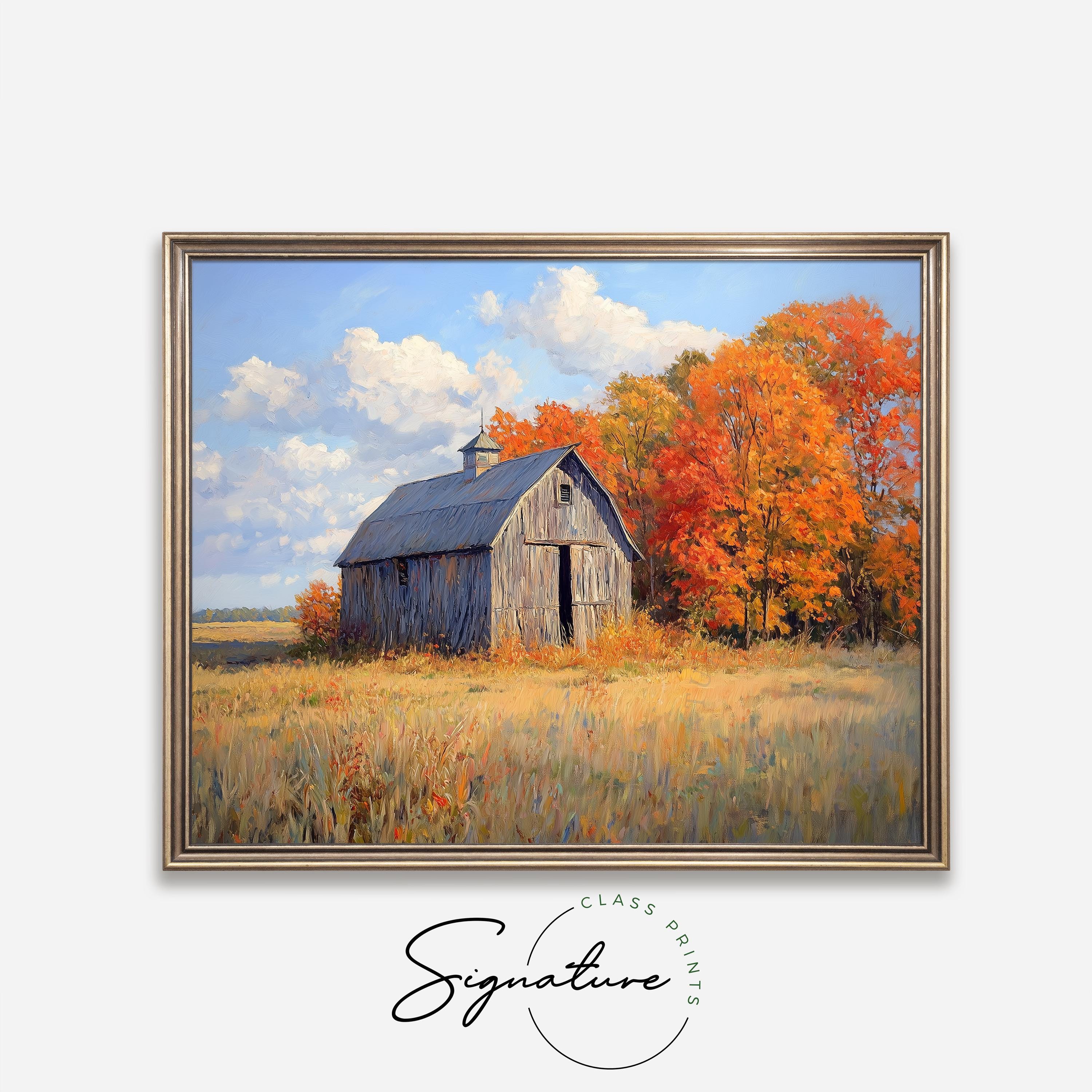 Vintage Rustic Barn Fall Landscape Painting, Autumn Fields Wall Art ...