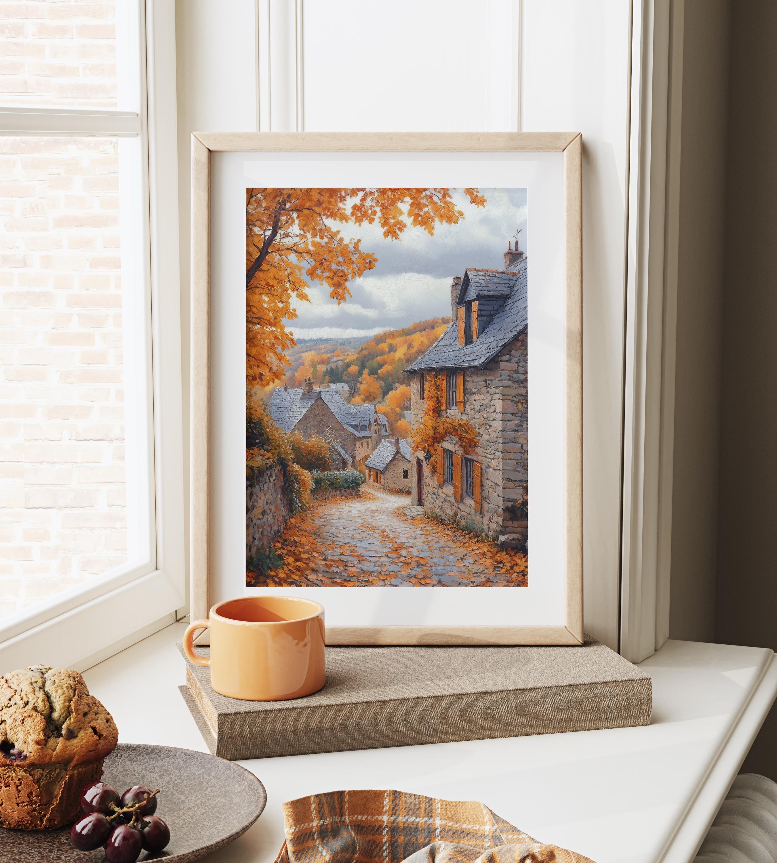 Autumn Village Lane With Stone Cottages and Ivy - Rustic Fall Landscape ...