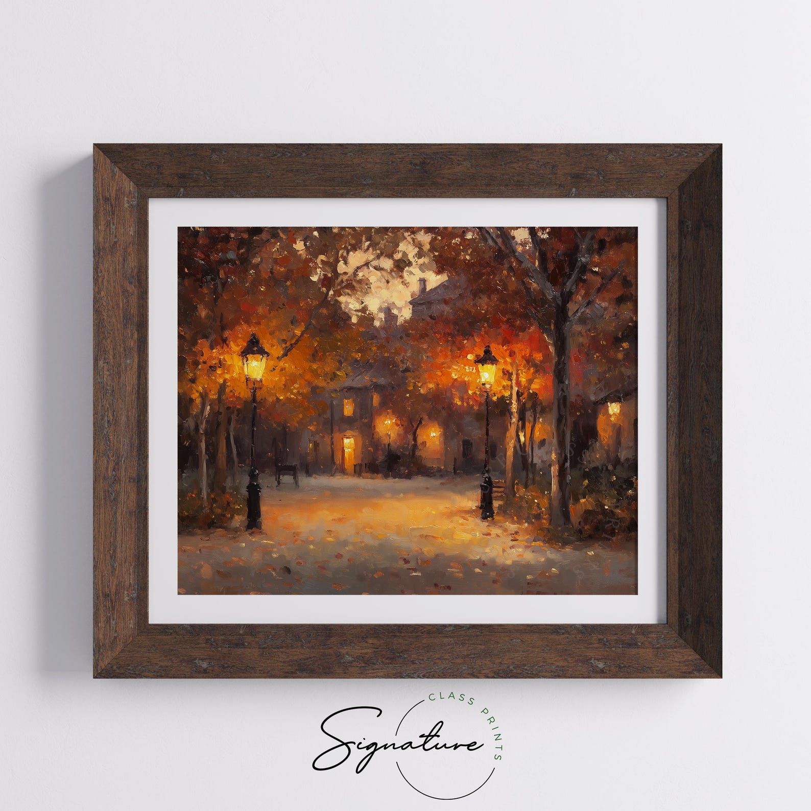 Cozy Autumn Town Square at Dusk Painting, Earthy Fall Decor, Moody Lamp ...