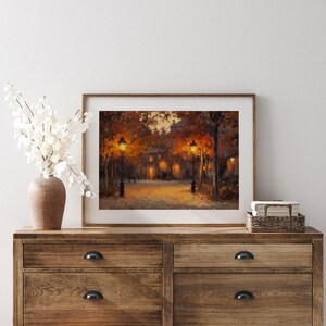 Cozy Autumn Town Square at Dusk Painting, Earthy Fall Decor, Moody Lamp ...