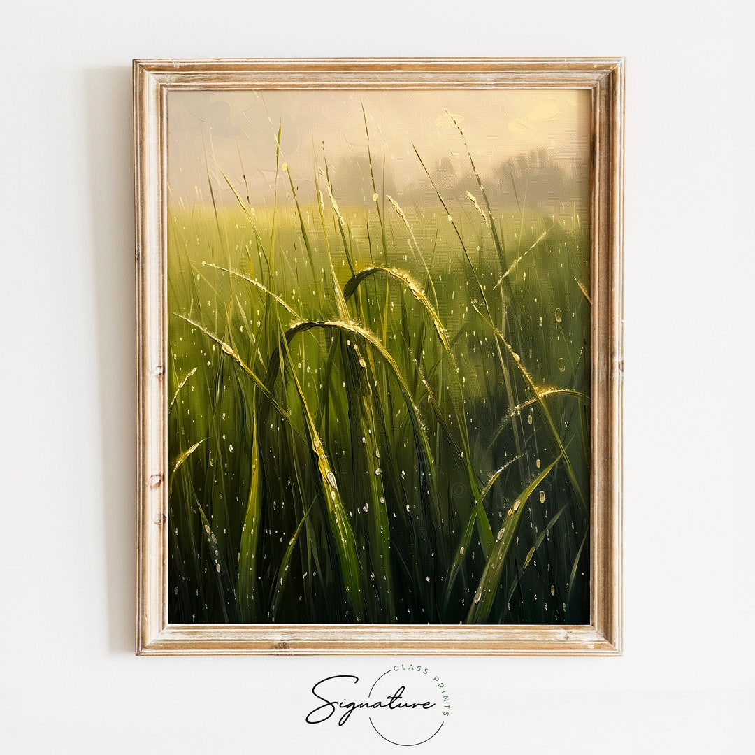 Printable Tall Grass With Morning Dew Painting - Fresh Dew Drops on ...