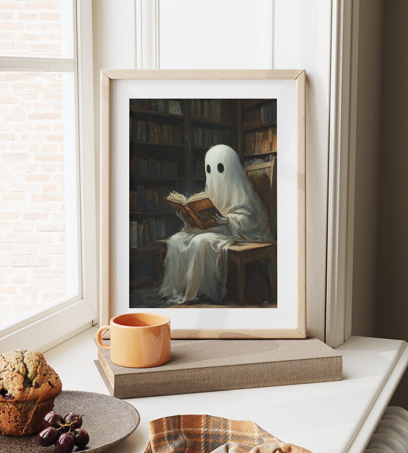 Printable Cute Ghost Reading in Library Painting Whimsical Halloween ...