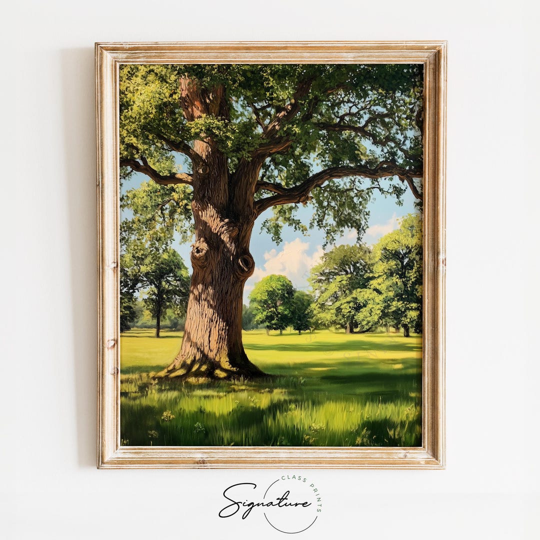 Printable Oak Tree in English Countryside - Grassy Meadow Art, Tranquil ...