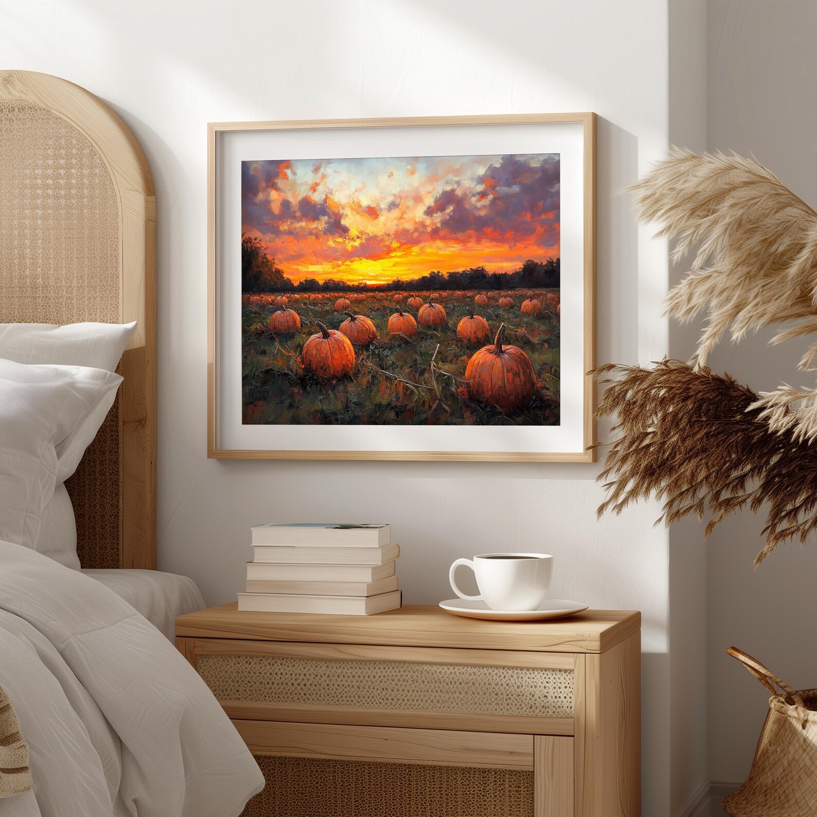 Vintage Autumn Pumpkin Patch Wall Art, Fall Sunset Rural Scene, Harvest ...