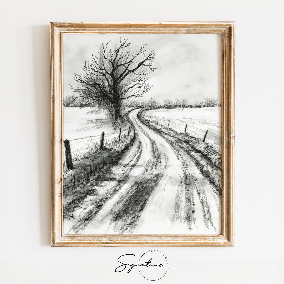 Printable Early Frost on Country Road Sketch - Rustic Winter Scene Art ...