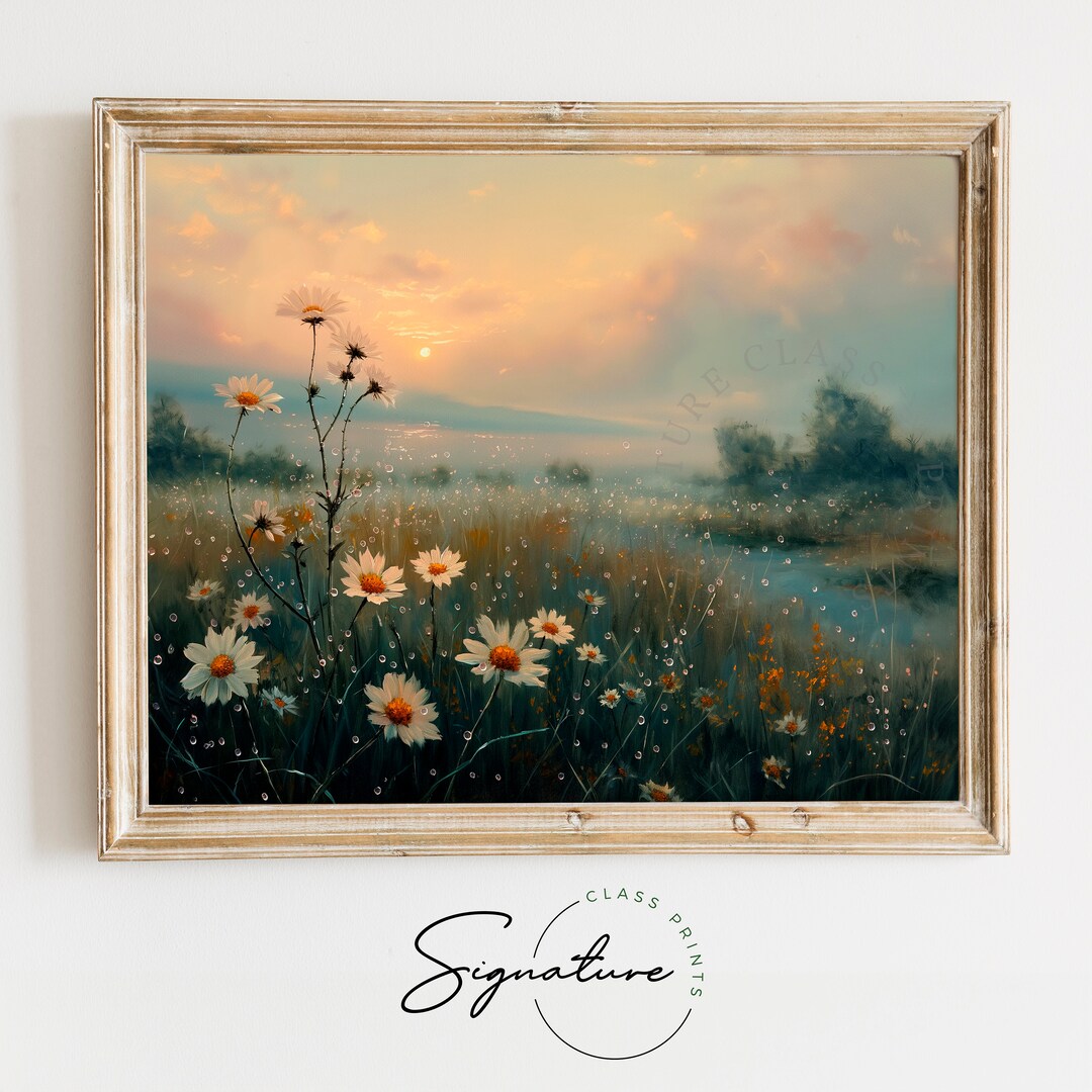Printable Dewy Wildflowers at Dawn Painting - Peaceful Floral Landscape ...