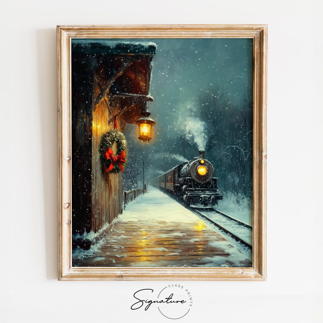 Lantern on Snowy Train Platform - Vintage Christmas Art, Cozy Winter ...