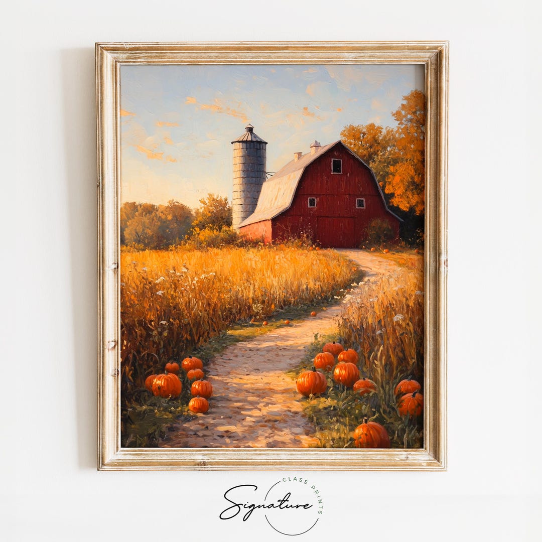 Rustic Barn and Silo in Harvest Field - Printable Autumn Farm Scene ...