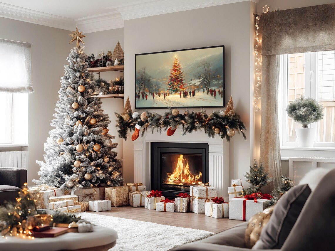 Neighbors Decorating a Christmas Tree - Festive Winter Scene With Snowy ...