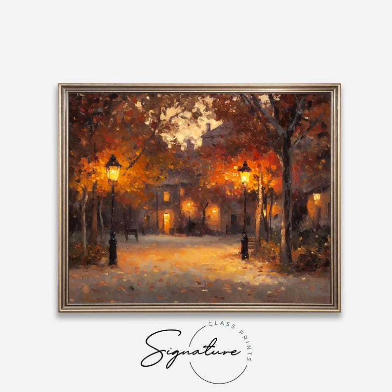 Cozy Autumn Town Square at Dusk Painting, Earthy Fall Decor, Moody Lamp ...