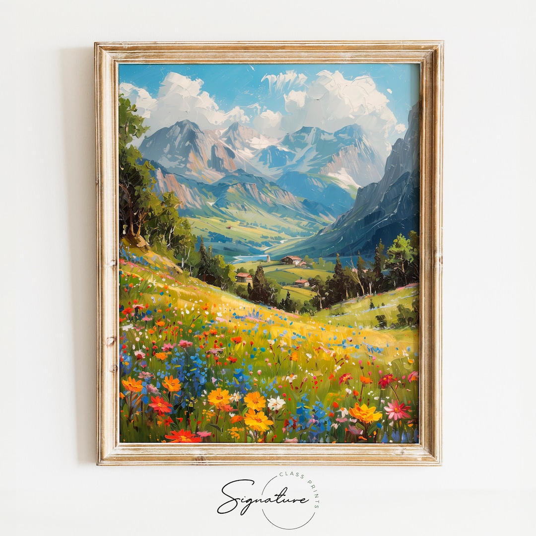 Printable Alpine Valley Spring Landscape - Wildflower Meadow Art ...