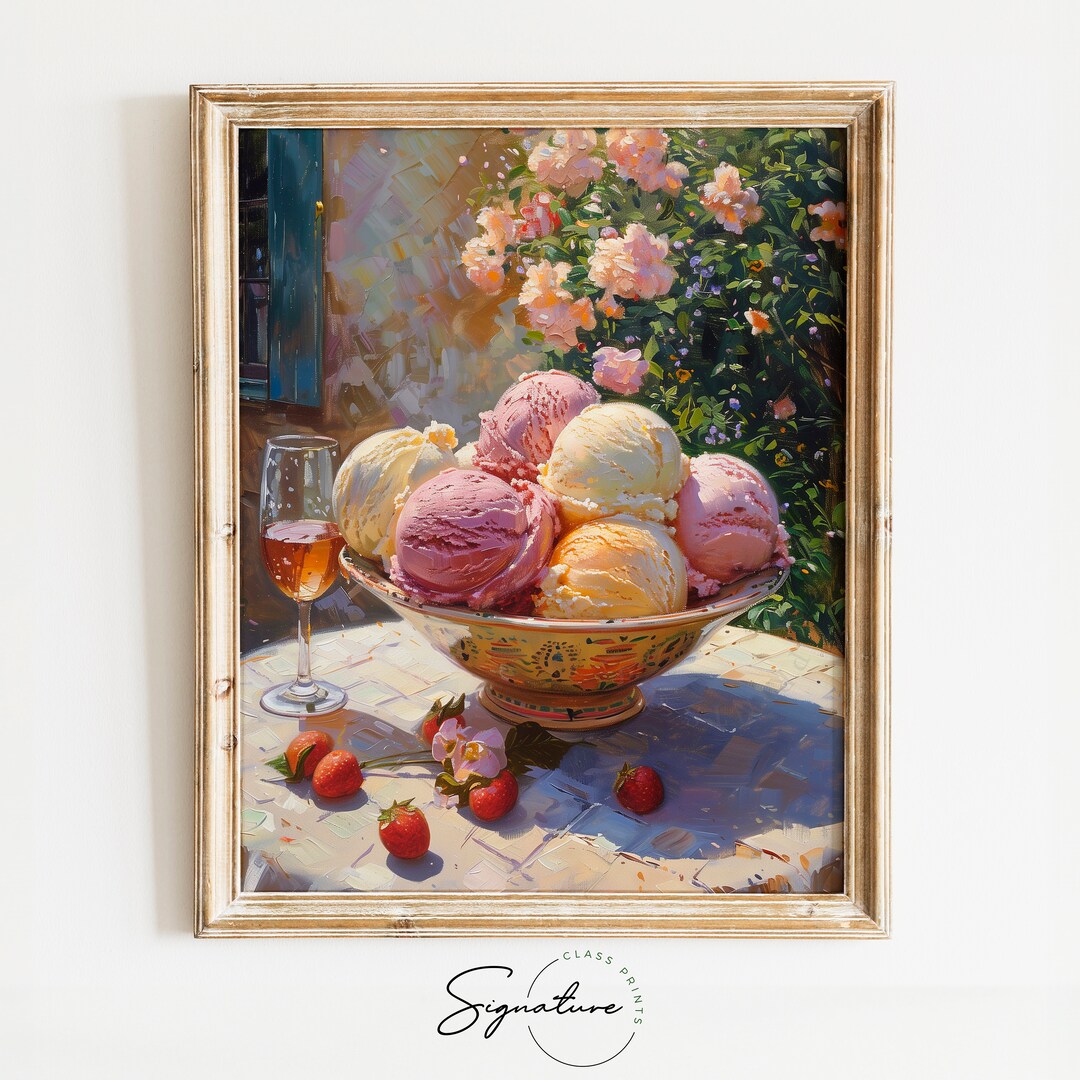 Printable Gelato on Garden Table Bowl Painting - Summer Dessert Artwork ...
