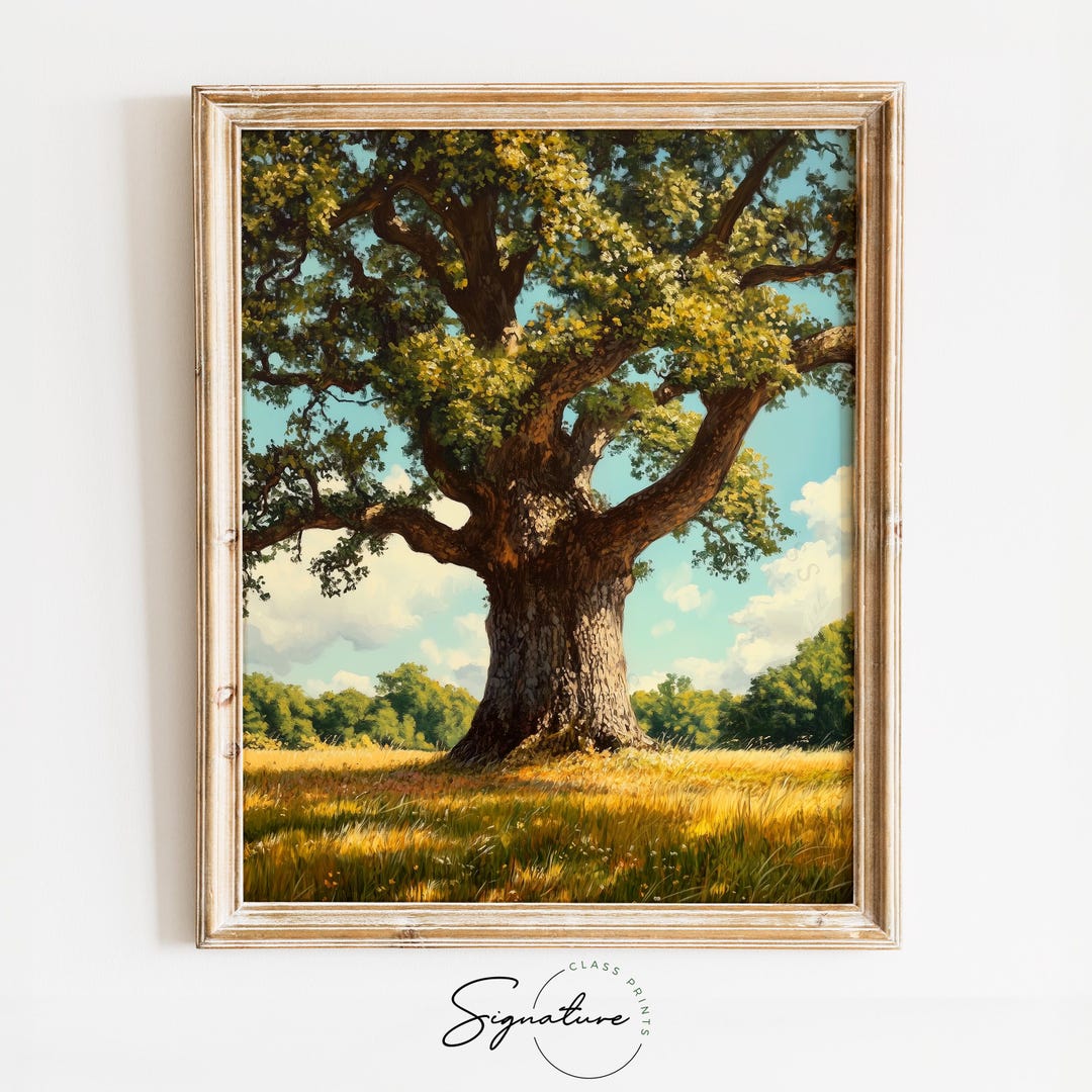 Printable Oak Tree in English Countryside Grassy Meadow Art, Peaceful ...