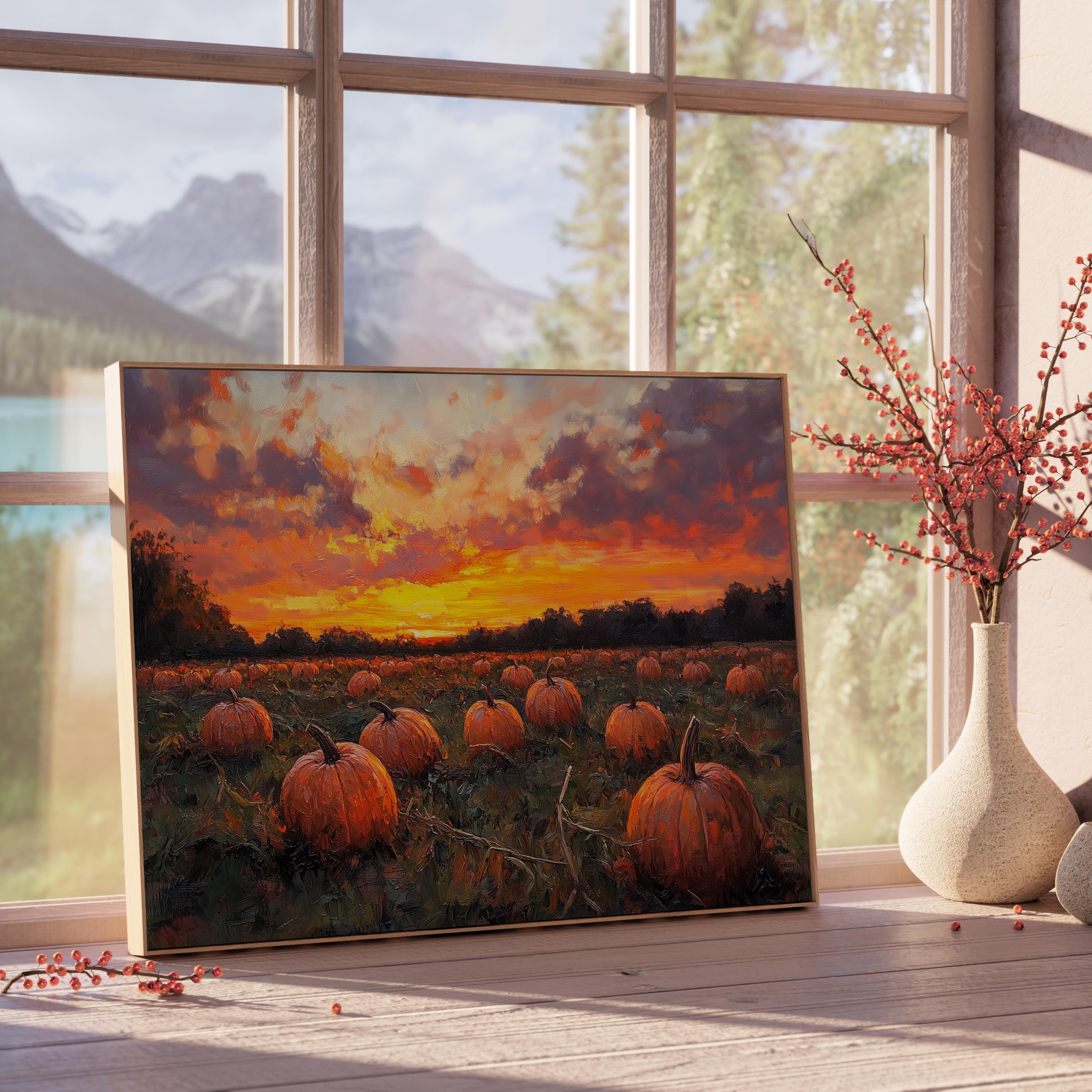 Vintage Autumn Pumpkin Patch Wall Art, Fall Sunset Rural Scene, Harvest ...