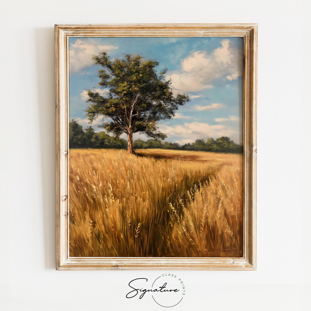 Printable Lone Tree in Rye Field Painting - Majestic Tree in Golden ...