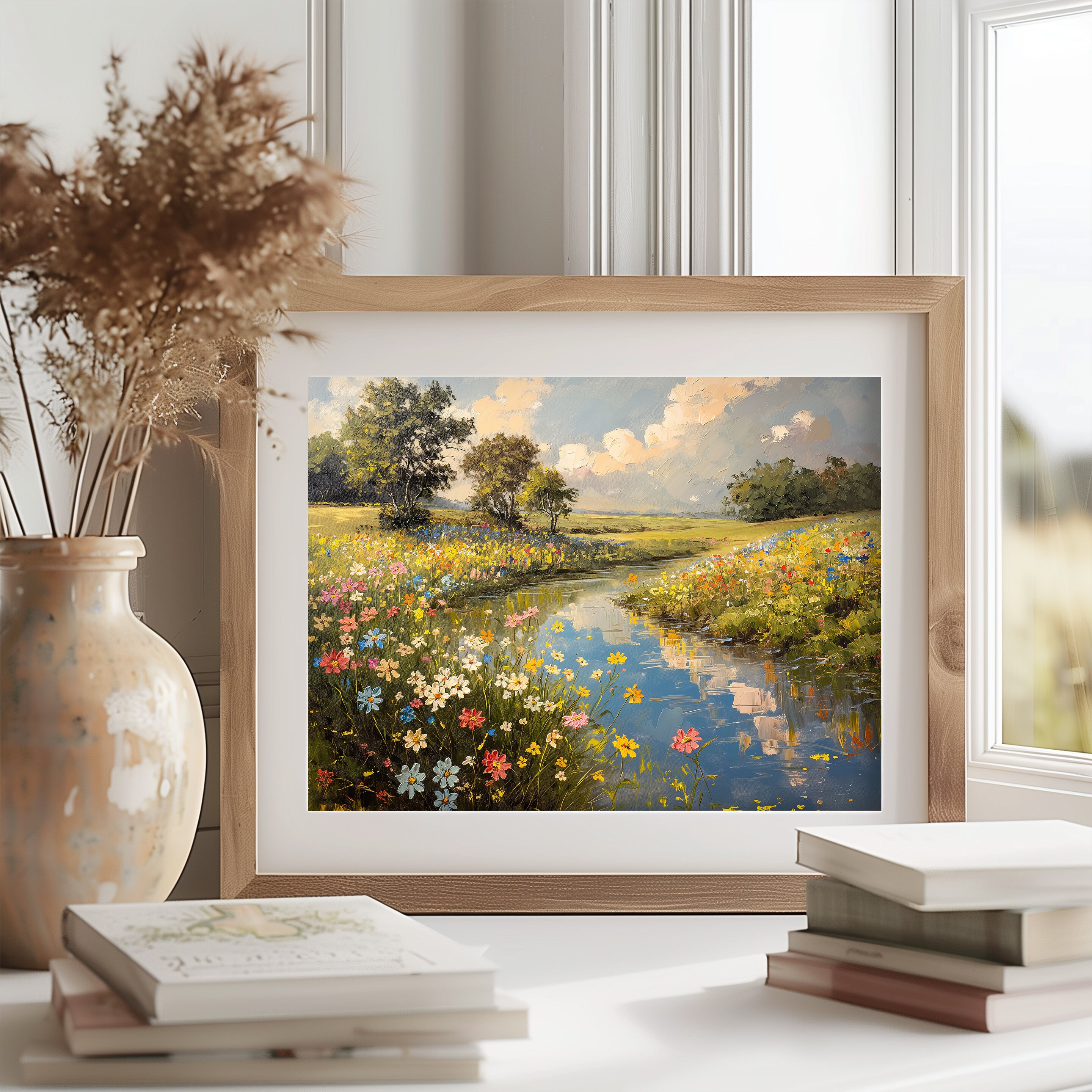Printable Tranquil Wildflower Stream Scenic Flower Meadow Art, Summer ...