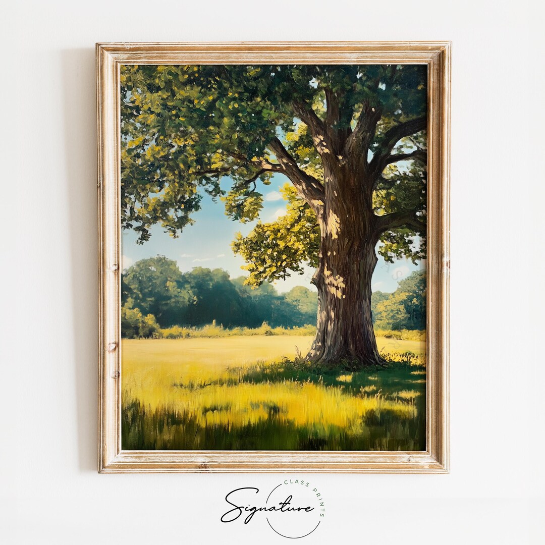 Printable Oak Tree in English Countryside Grassy Meadow Art, Serene ...
