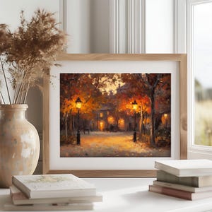 Cozy Autumn Town Square at Dusk Painting, Earthy Fall Decor, Moody Lamp ...