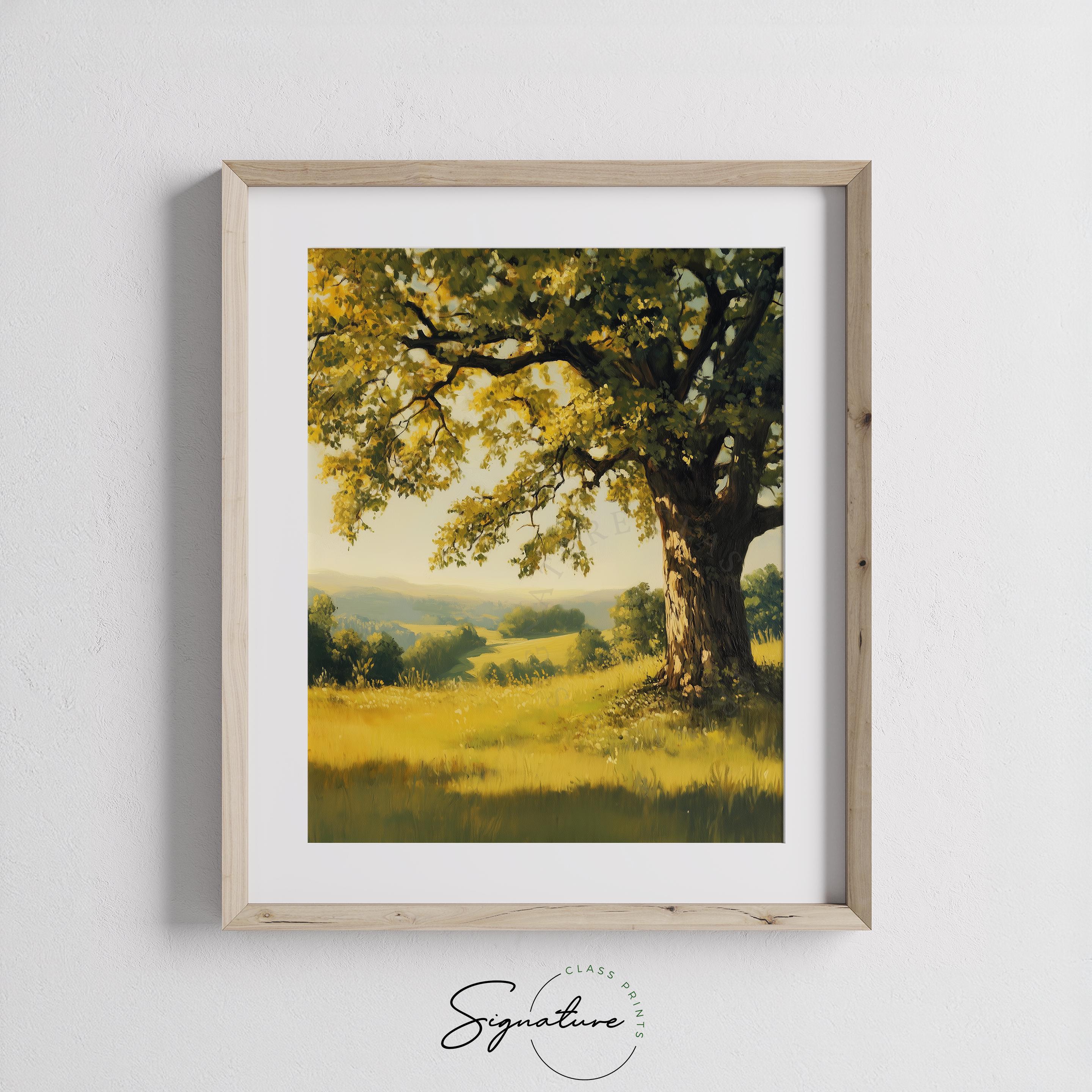 Printable Oak Tree in English Countryside Sunlit Grassy Meadow Art ...