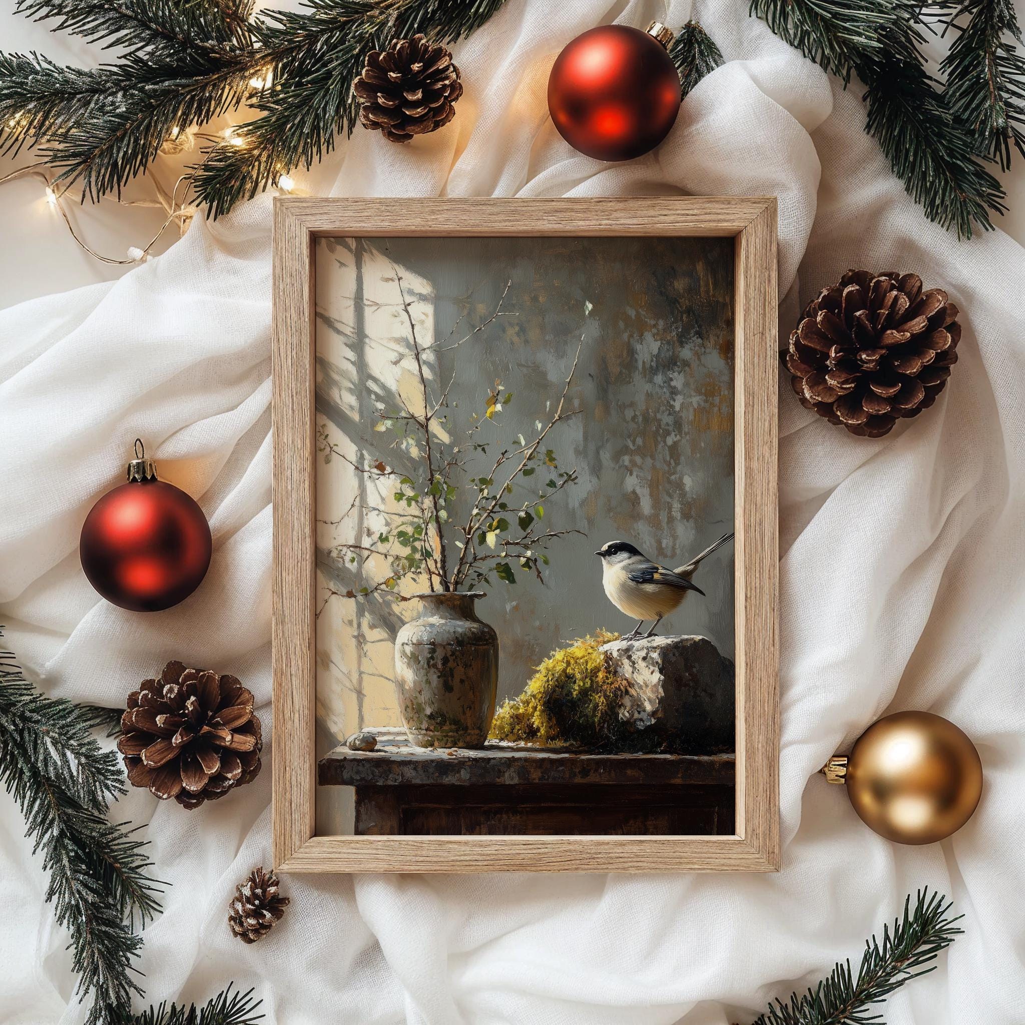 Winter Bird in Forest Printable Art - Rustic Christmas Cottagecore Wall ...