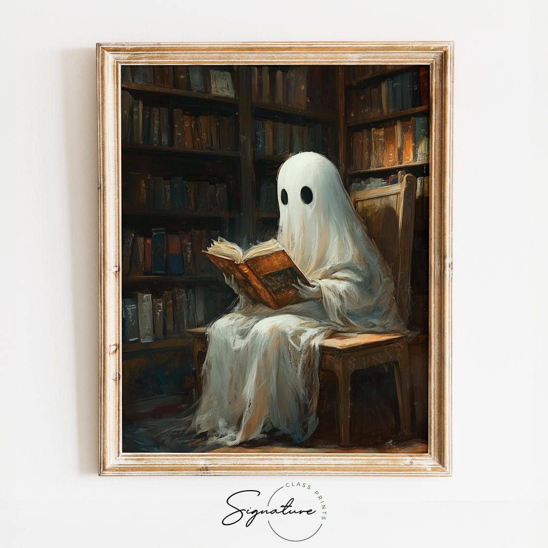 Printable Cute Ghost Reading in Library Painting Whimsical Halloween ...