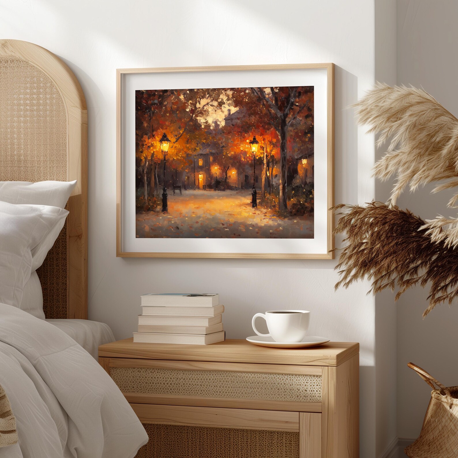 Cozy Autumn Town Square at Dusk Painting, Earthy Fall Decor, Moody Lamp ...