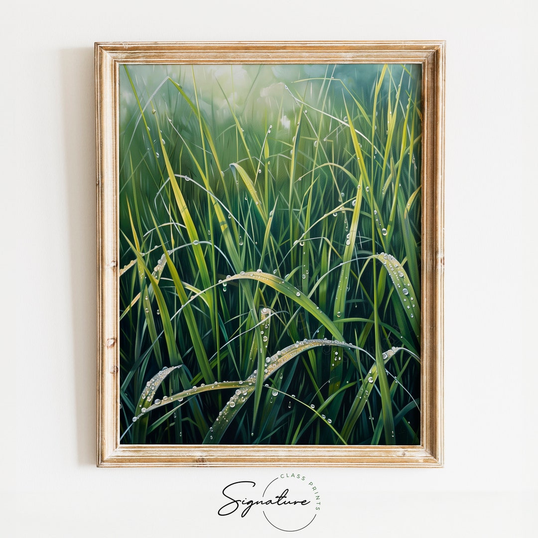 Printable Morning Dew on Tall Grass Painting - Fresh Dew Drops on Green ...