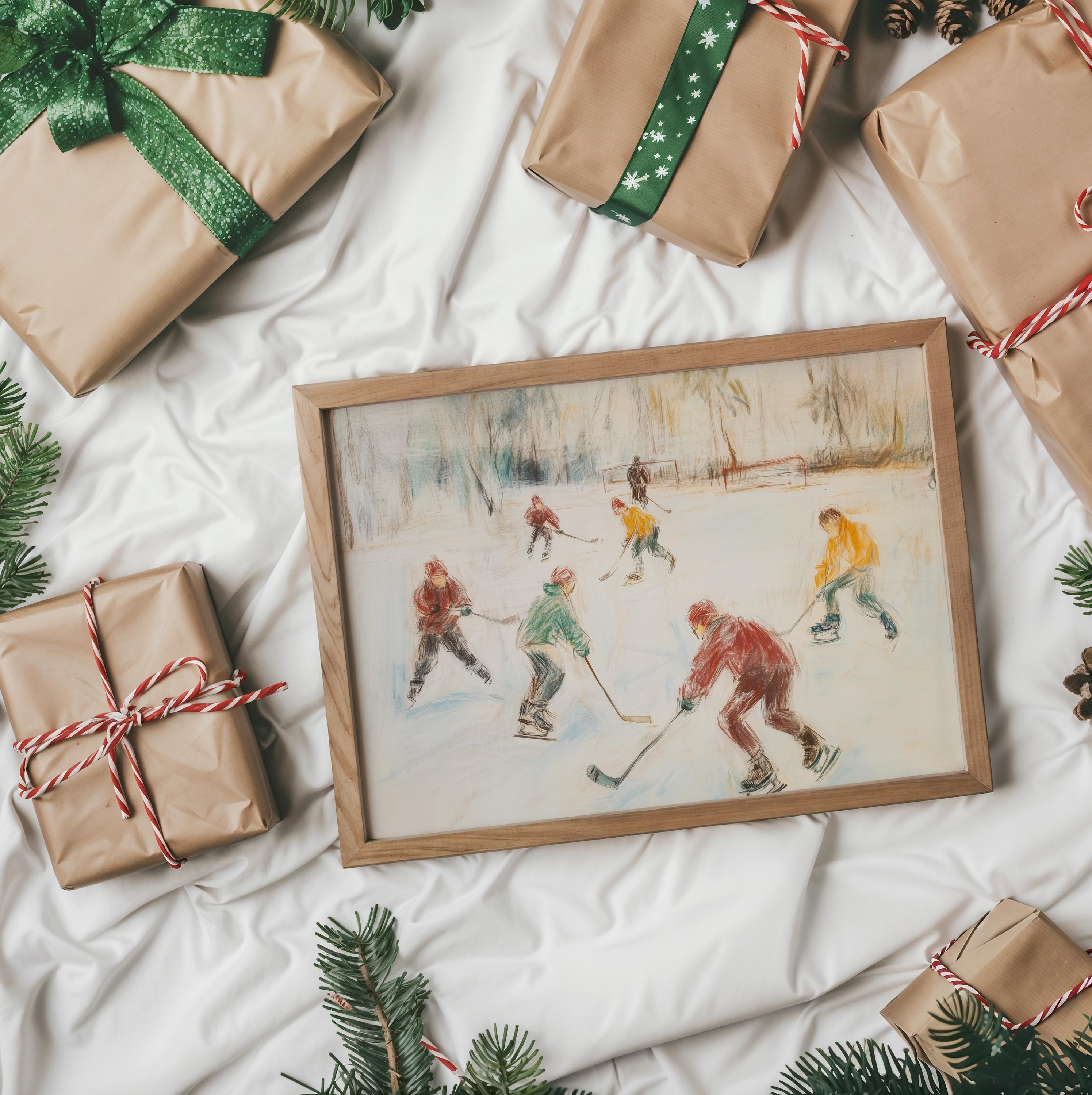 Children Playing Ice Hockey Printable - Cozy Winter Holiday Scene ...