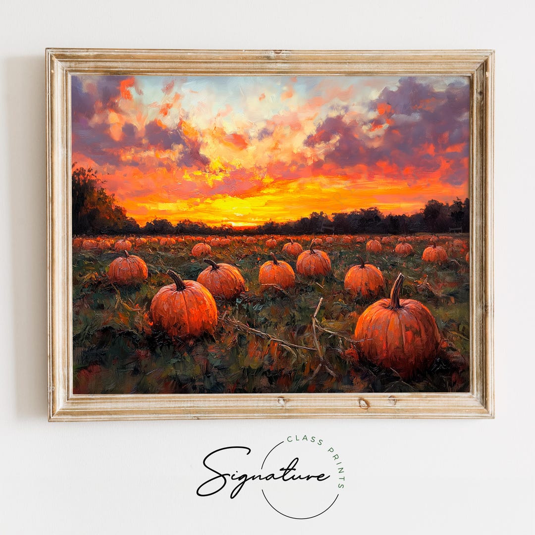 Vintage Autumn Pumpkin Patch Wall Art, Fall Sunset Rural Scene, Harvest ...