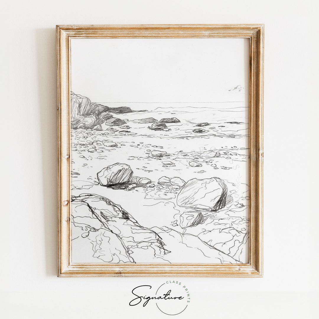 Printable Rocky Shoreline Art Low Tide Beach Scene, Coastal Nature Wall ...