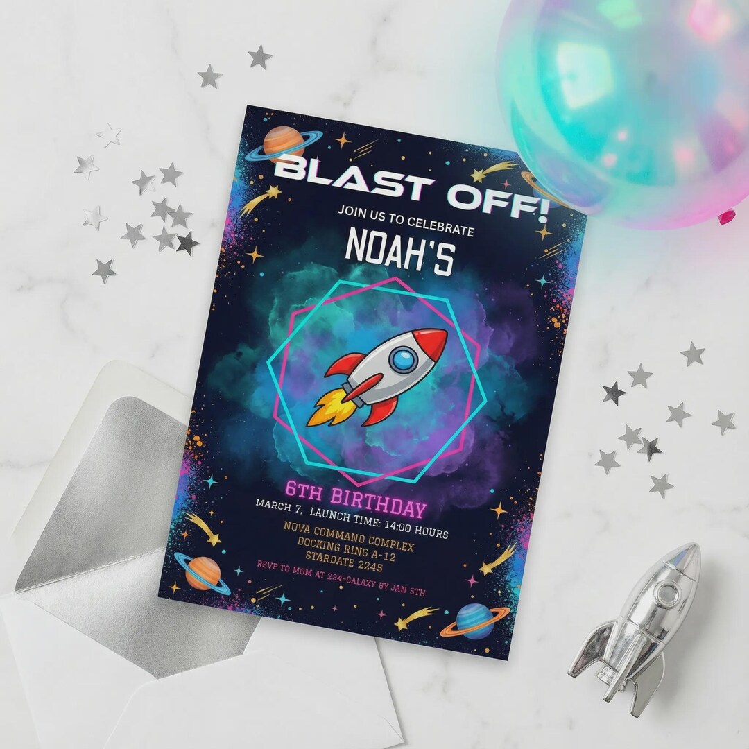 Rocket Birthday Invitation, Outer Space Theme, Canva Template (digital ...