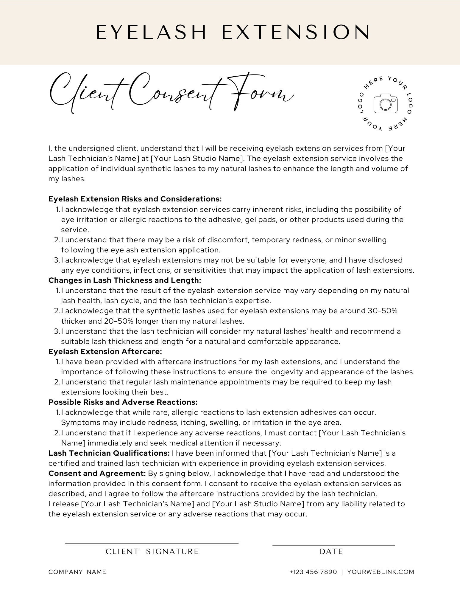 Client Consent Form Eyelashes, Lash Tech Consent Forms, Eyelash Extension Client Consent Form ...