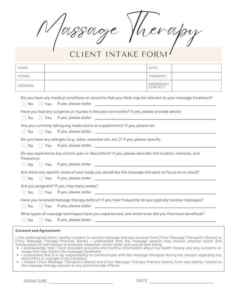 Massage Therapy Consent Form EDITABLE, Massage Consent Form, Massage ...