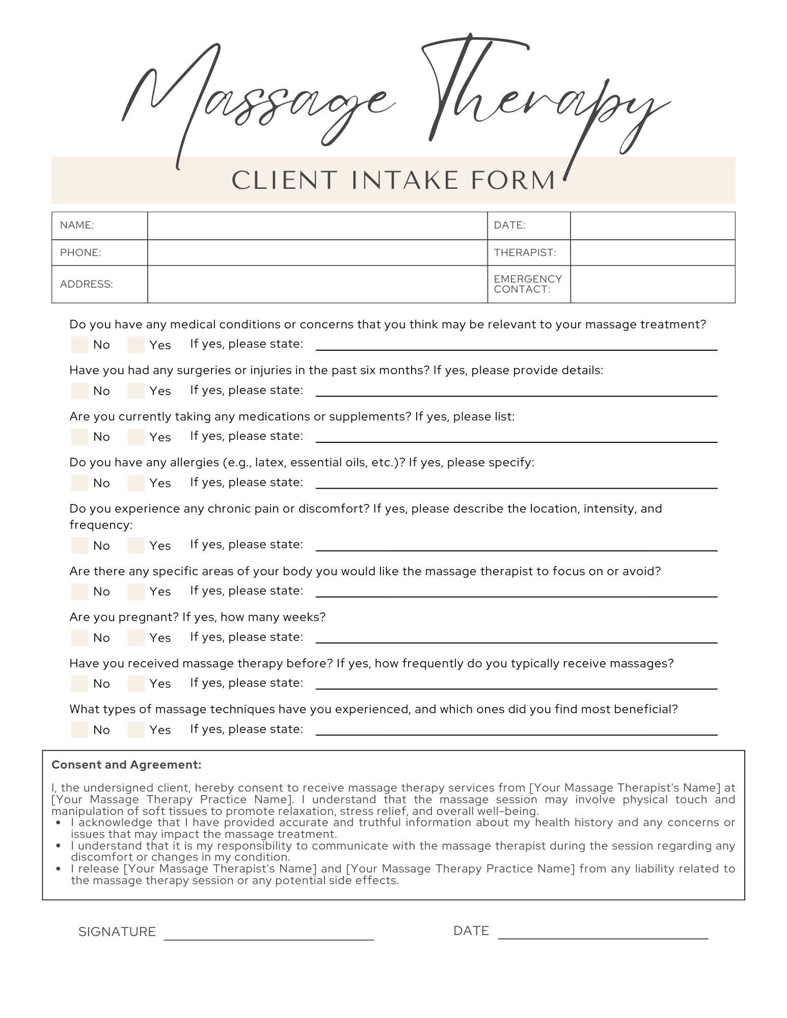 Massage Therapy Consent Form EDITABLE, Massage Consent Form, Massage ...