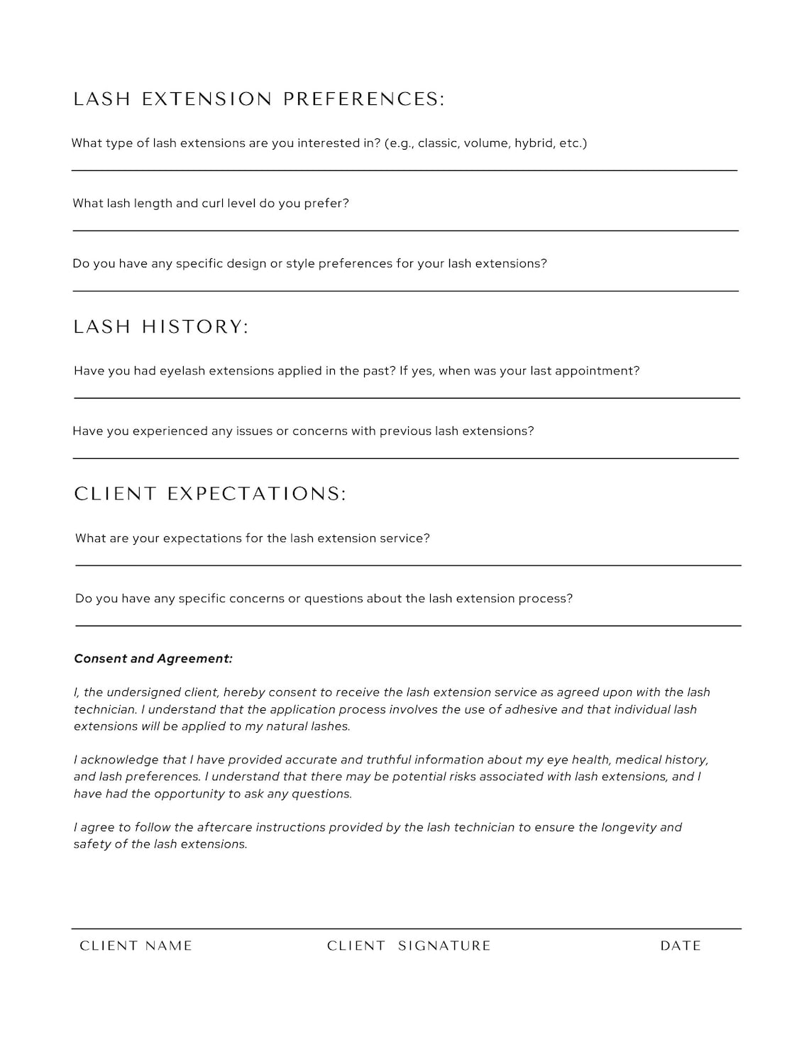Client Consent Form Eyelashes, Lash Tech Consent Forms, Eyelash ...