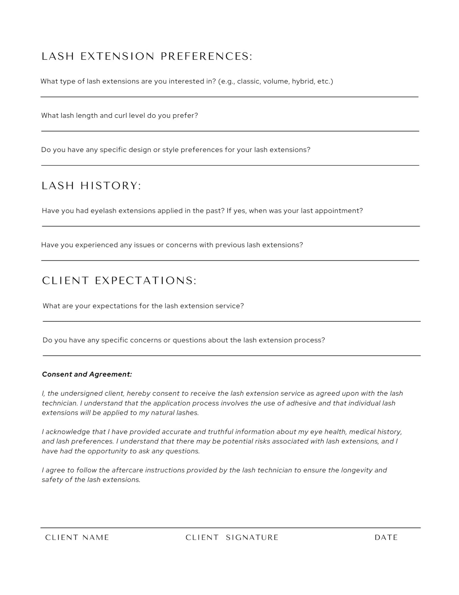Client Consent Form Eyelashes, Lash Tech Consent Forms, Eyelash ...