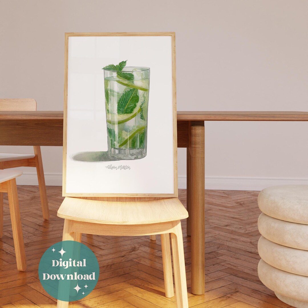 Mojito Cocktail Foodie Wall Art Kitchen Decor Mint Rum Drink Watercolor ...