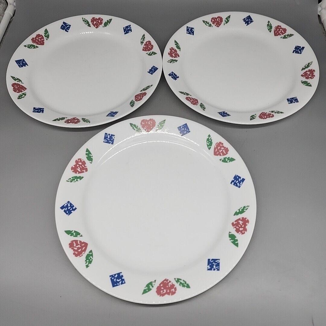 Set of 3 Corelle Corning Quilt Dinner Plates Hearts Blue Diamonds 10 1/ ...