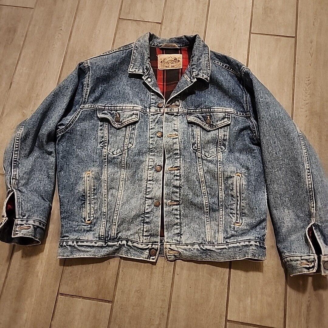 Levis Flannel Red Plaid Lined Denim Trucker Jacket Made in USA Size L ...