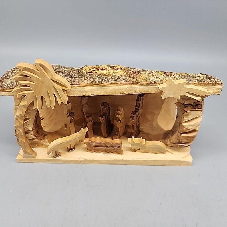 Olive Wood Nativity the Cave of Jesus Birth Handmade Bethlehem Carved ...