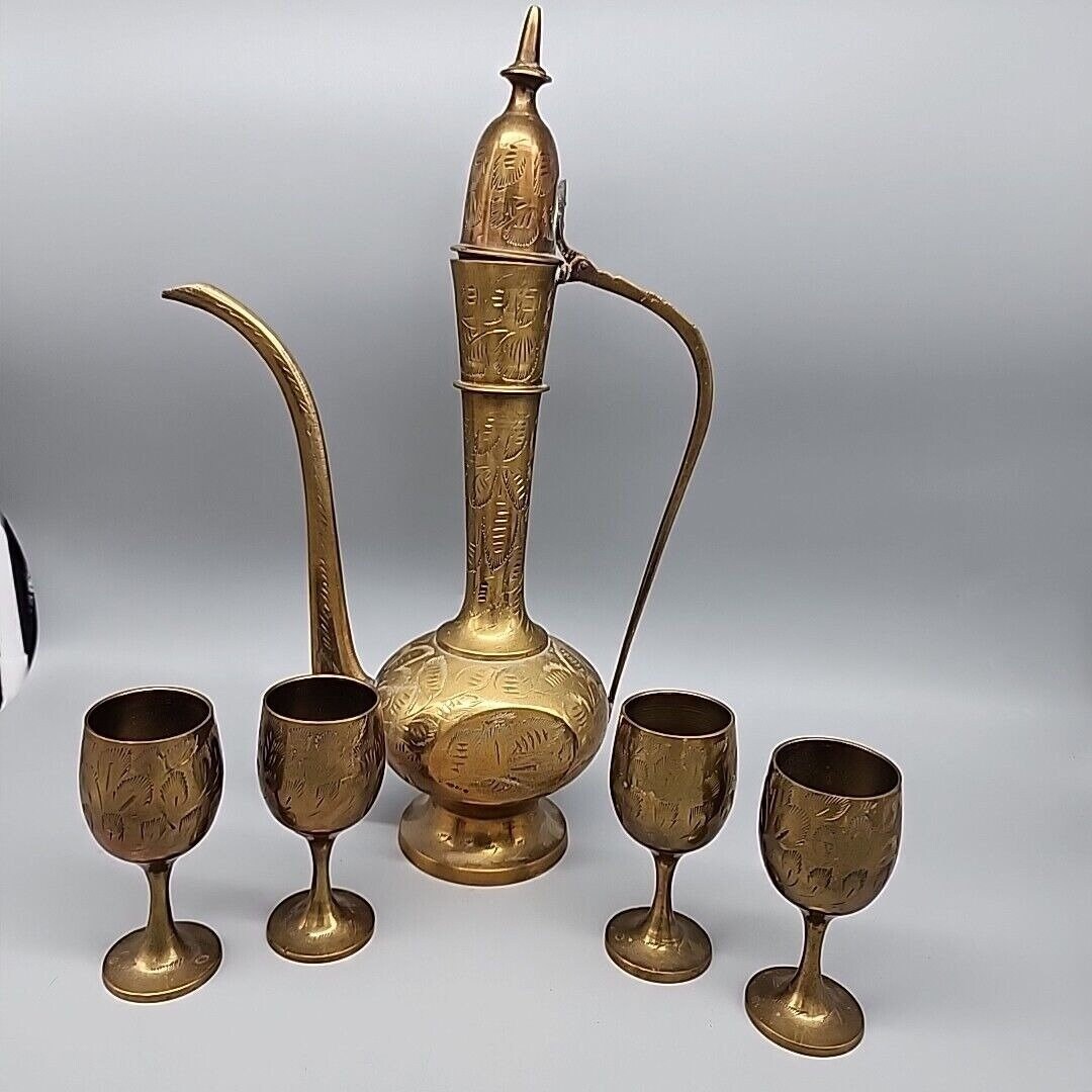 Vintage Middle Eastern Handmade Engraved Brass Coffee Pitcher W/ 4 Cups ...